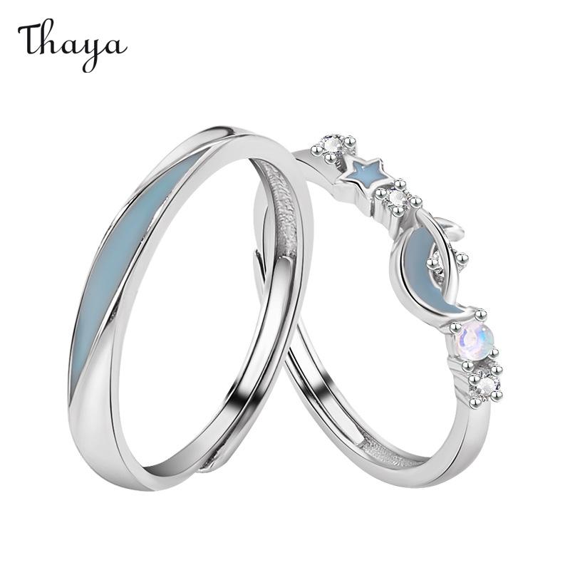 Thaya S925 Silver Luminous Moon & Star Couple Rings