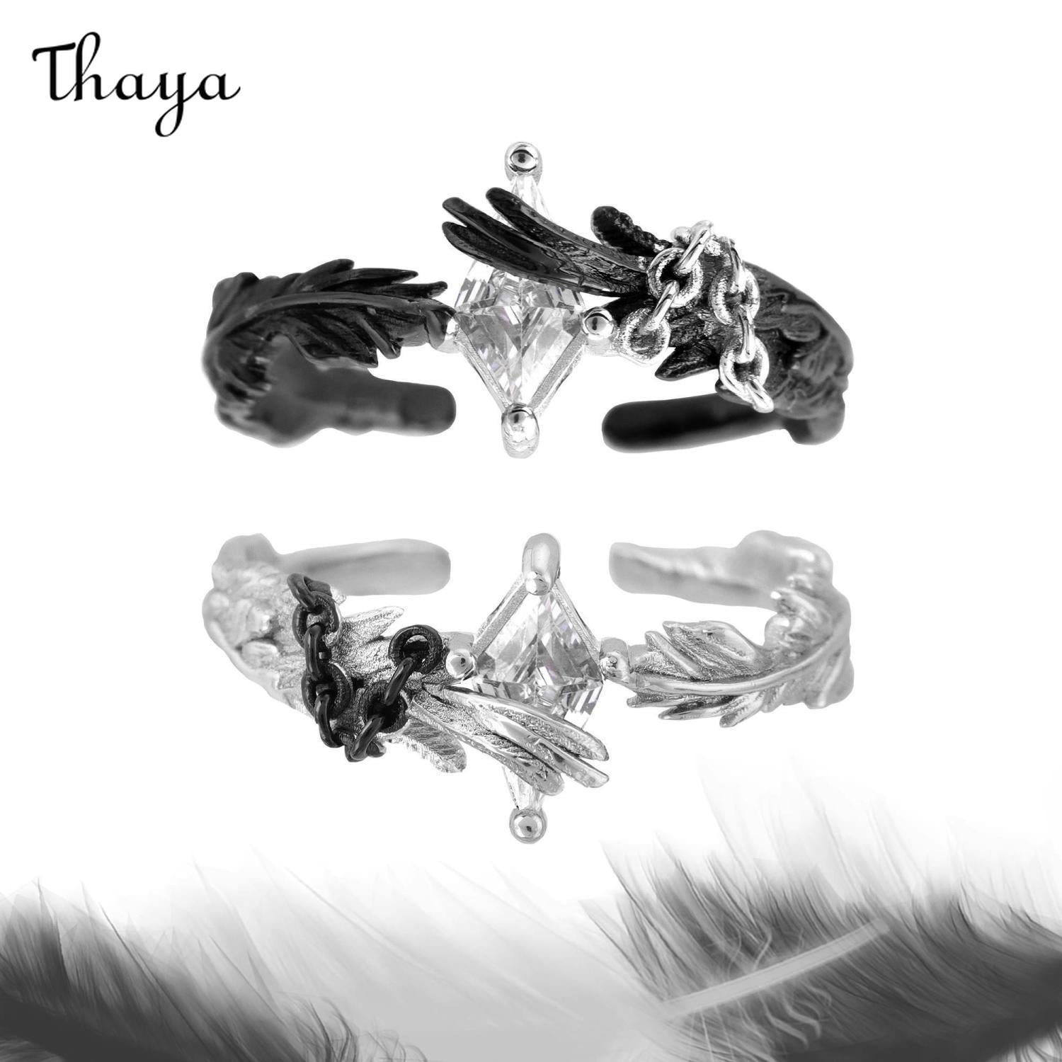 Thaya White Dove Crow Love Feather Wings Adjustable Ring